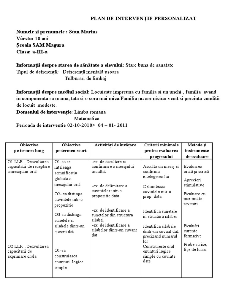 Plan de Interventie Personalizat | PDF