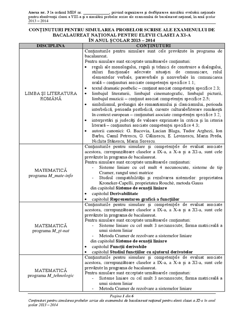Lista Continuturi Simulare Bac Clasa XI | PDF
