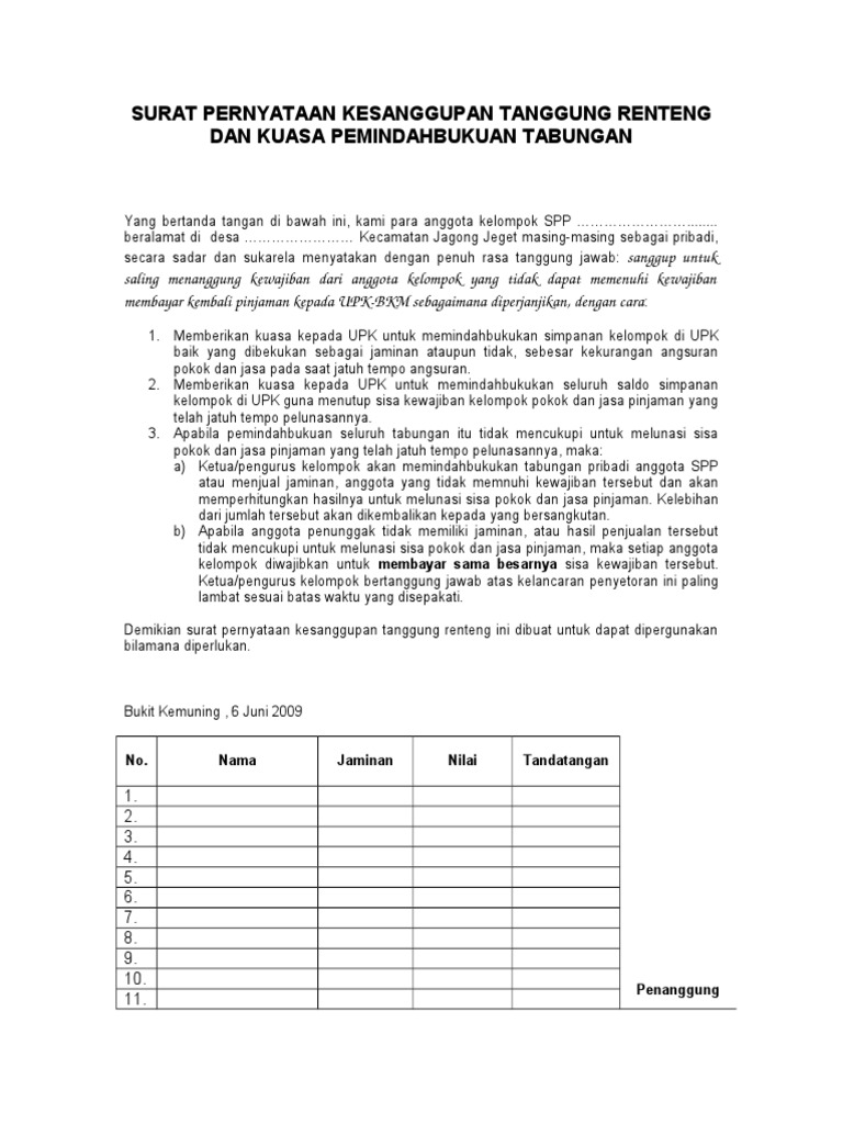 Surat Pernyataan Kesanggupan Tanggung Renteng | PDF