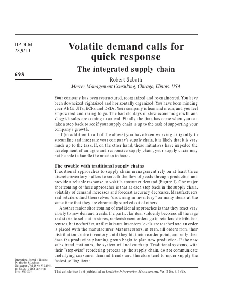 Volatile Demand Calls For Quick Response: The Integrated Supply Chain ...