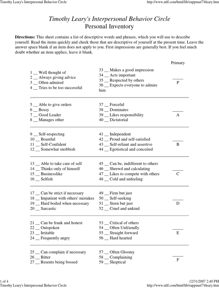 Timothy Leary's Interpersonal Behavior Circle | Psychology & Cognitive ...