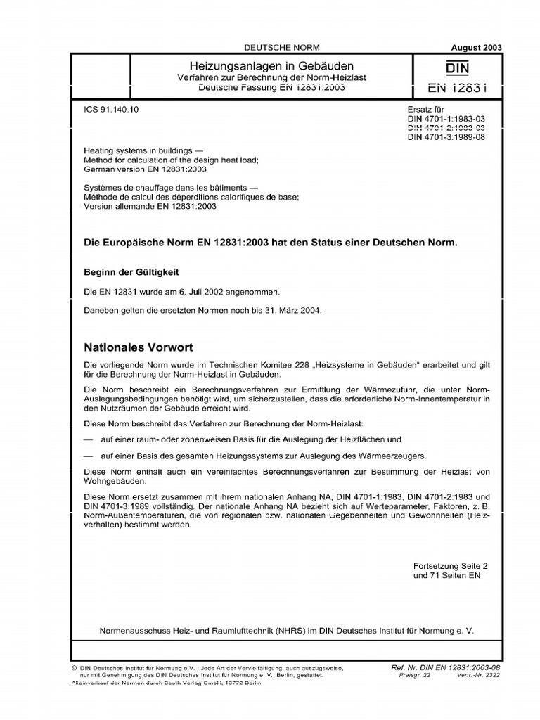 Din en 12831 Heizungsanlagen An Gebäuden - Verfahren Zur Berechnung Der Norm-Heizlast | PDF