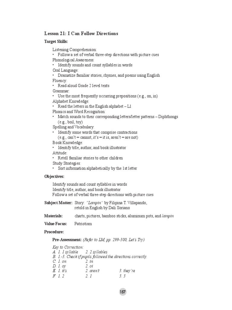Lesson 21: Following Directions in English | PDF | Reading ...