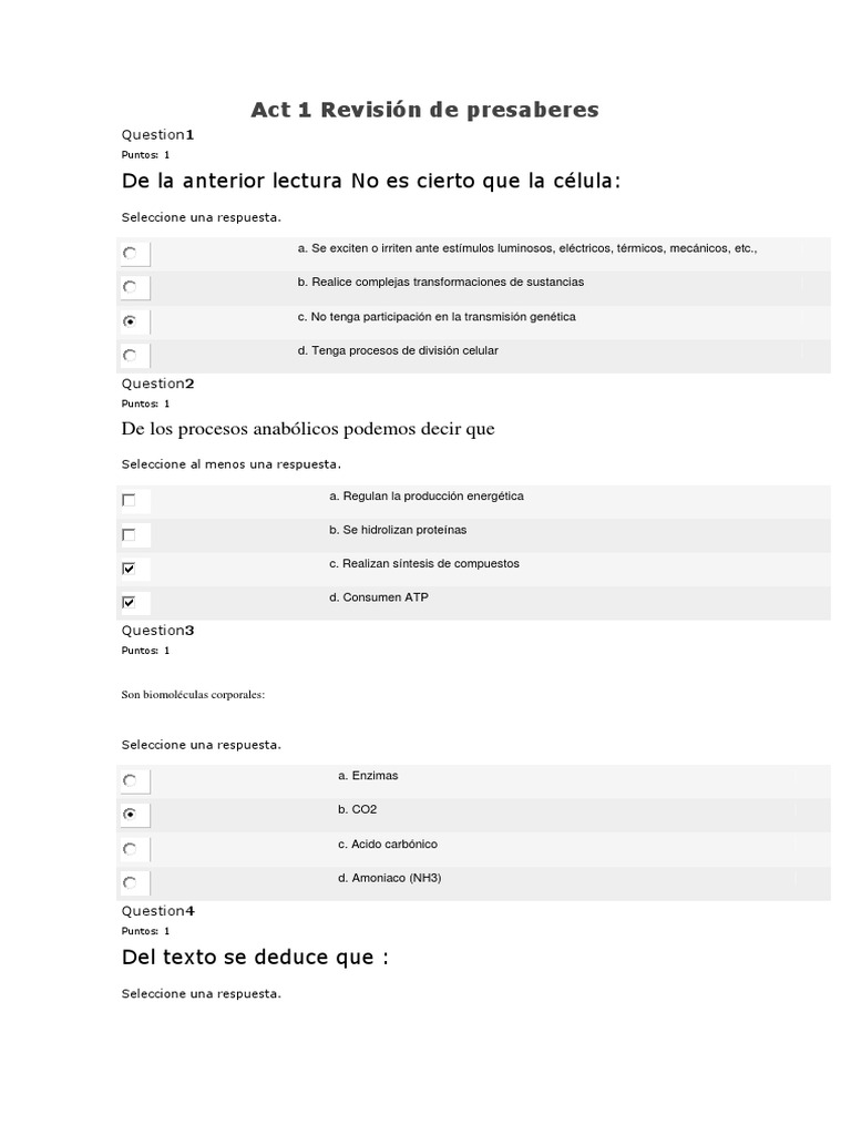 Act 1 Revisión de Presaberes Morfofisiologia Unad | PDF
