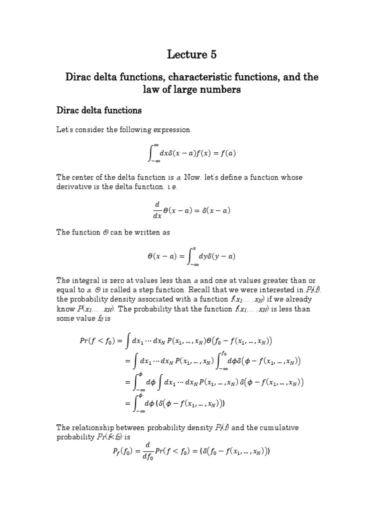 Lecture 5 - Dirac Delta Functions, Characteristic Functions, and The Law of Large Numbers | PDF ...