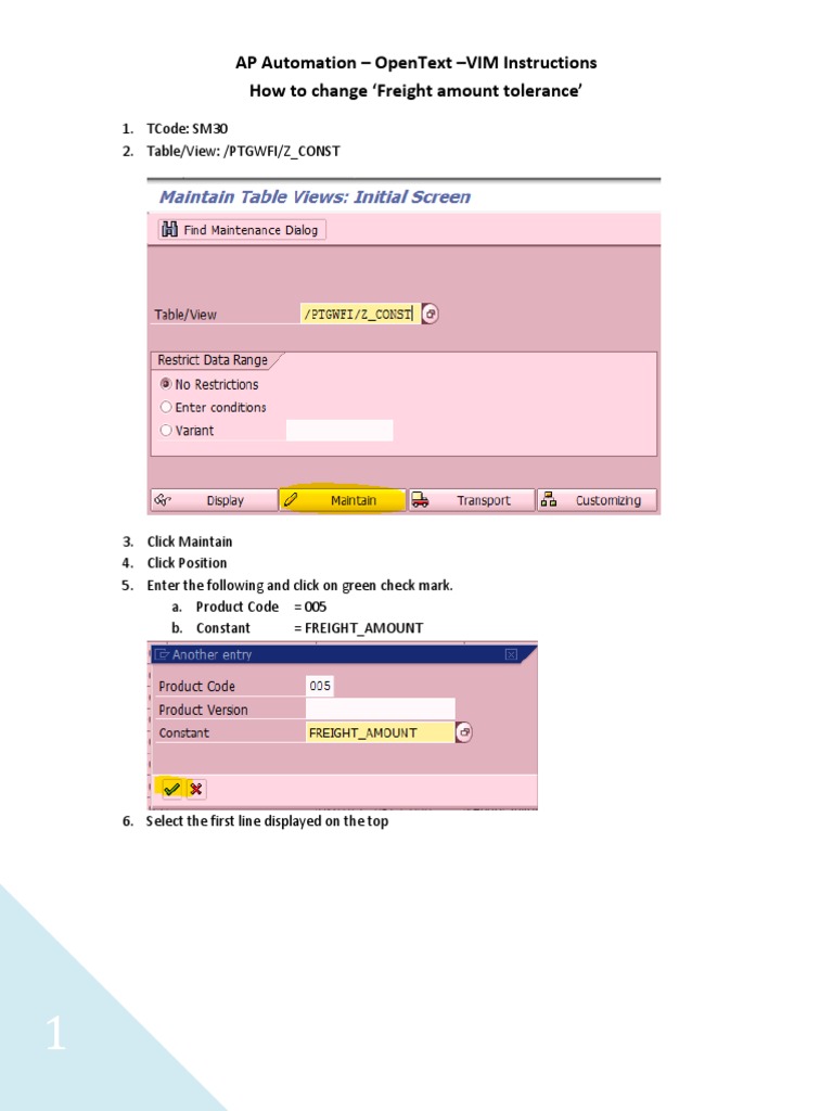 VIM Instructions How To Change Freight Tolerance | PDF