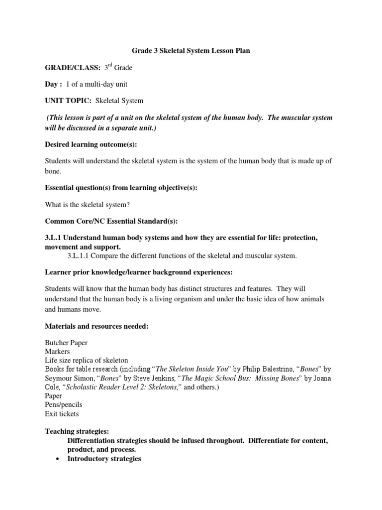 Grade 3 - Skeletal System Lesson | PDF | Skeleton | Human Body