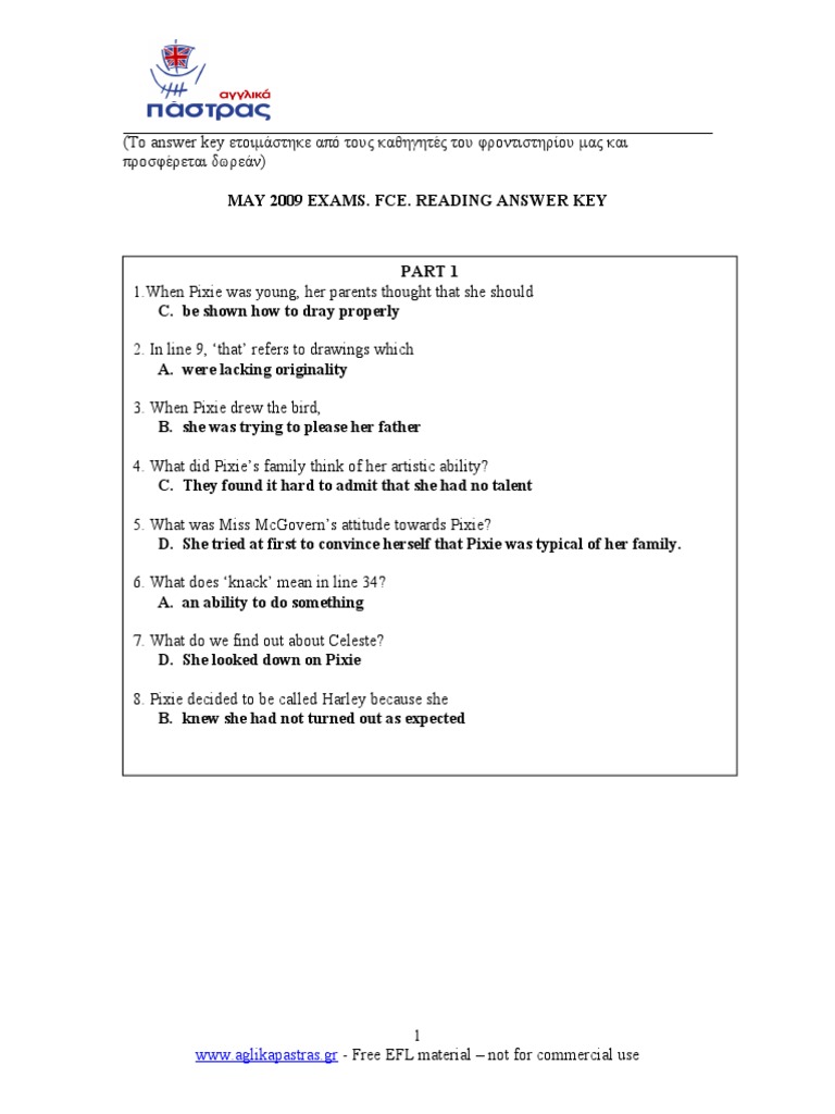 Fce Reading Answer Key 2 | PDF