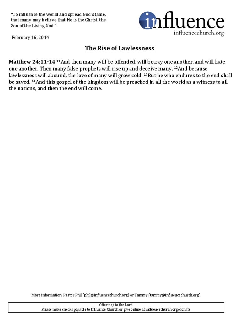 2014-02-16 The Rise of Lawlessness | PDF | Sermon | Jesus