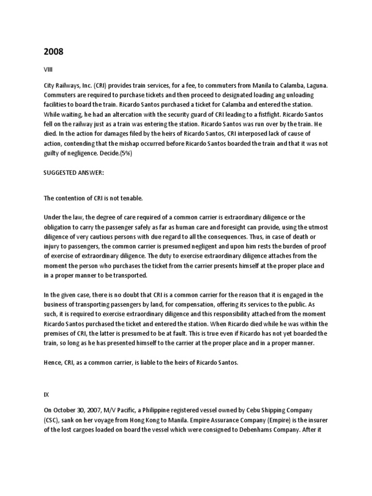 2008 Transpo Bar Questions and Suggested Answers | PDF | Admiralty Law ...