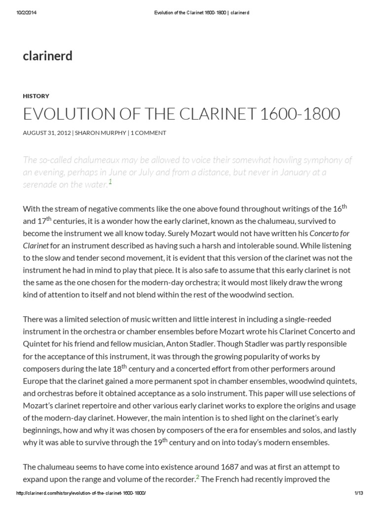Evolution of The Clarinet 1600-1800 - Clarinerd | PDF | Clarinet | Reed ...