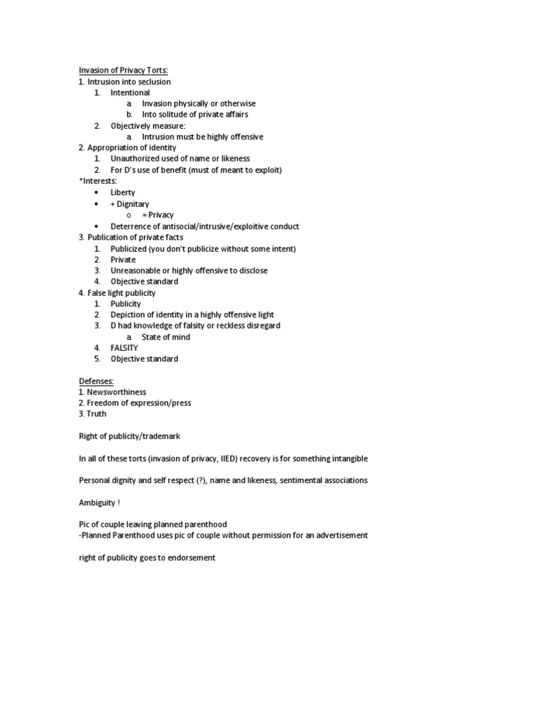 Invasion of Privacy Torts Overview | PDF | Privacy | Public Law