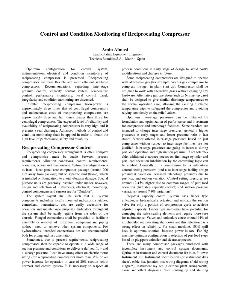 Optimizing Control, Instrumentation, and Condition Monitoring for Reciprocating Compressors to ...