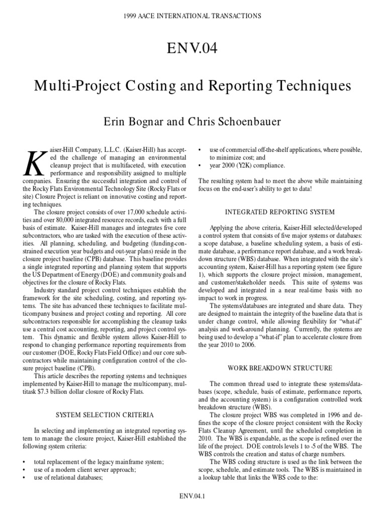 ENV.04 Multi-Project Costing and Reporting Techniques: Erin Bognar and Chris Schoenbauer | PDF ...