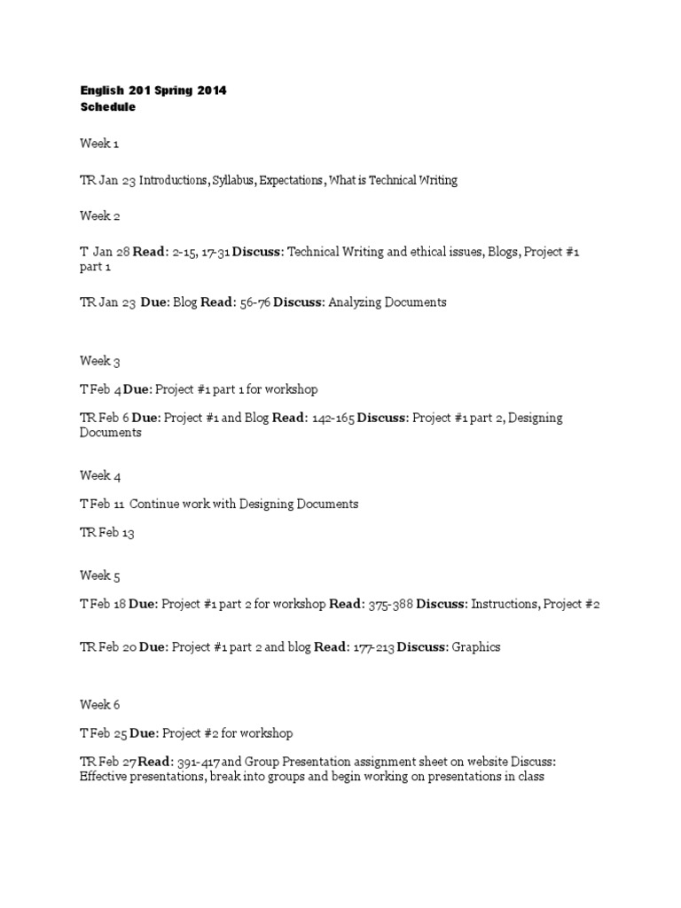 English 201 Spring 2014 Updated Schedule | PDF