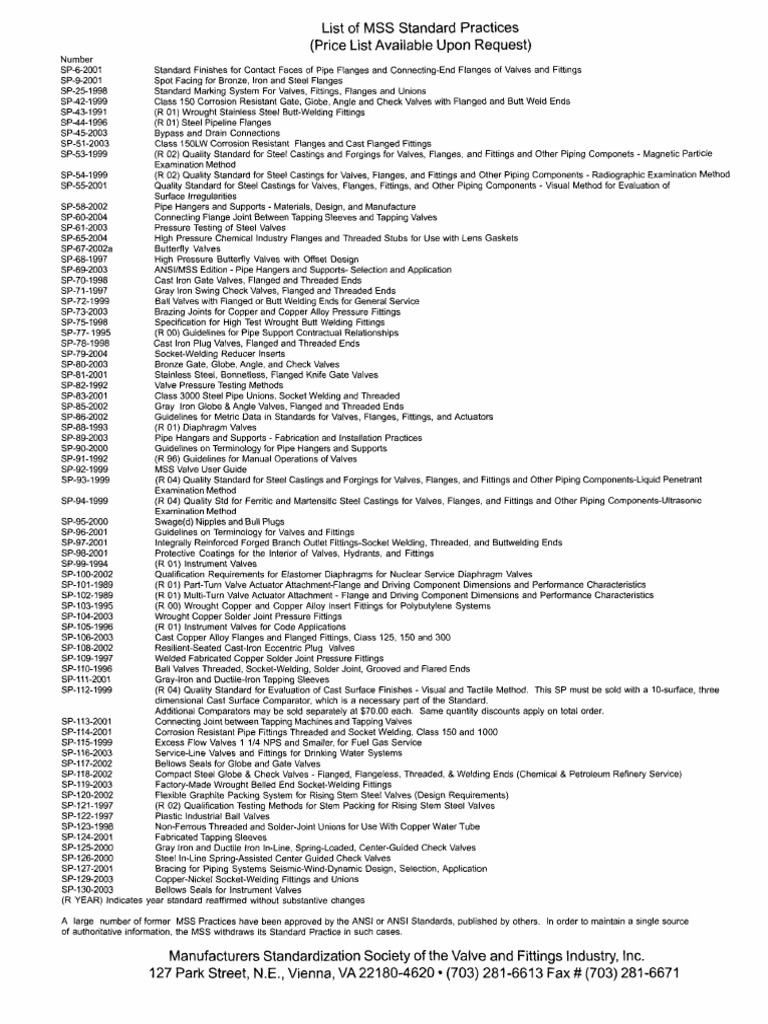 List of MSS Standard Practices (Price List Available Upon Request ...