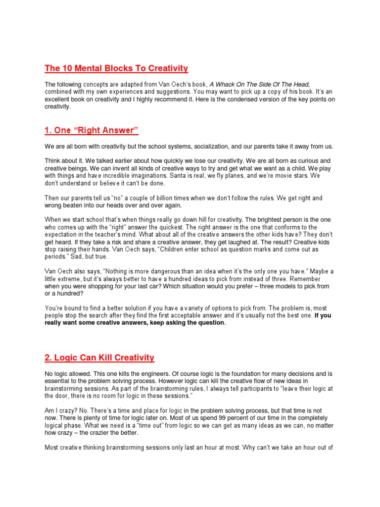 The 10 Mental Blocks To Creativity | PDF | Brainstorming | Creativity