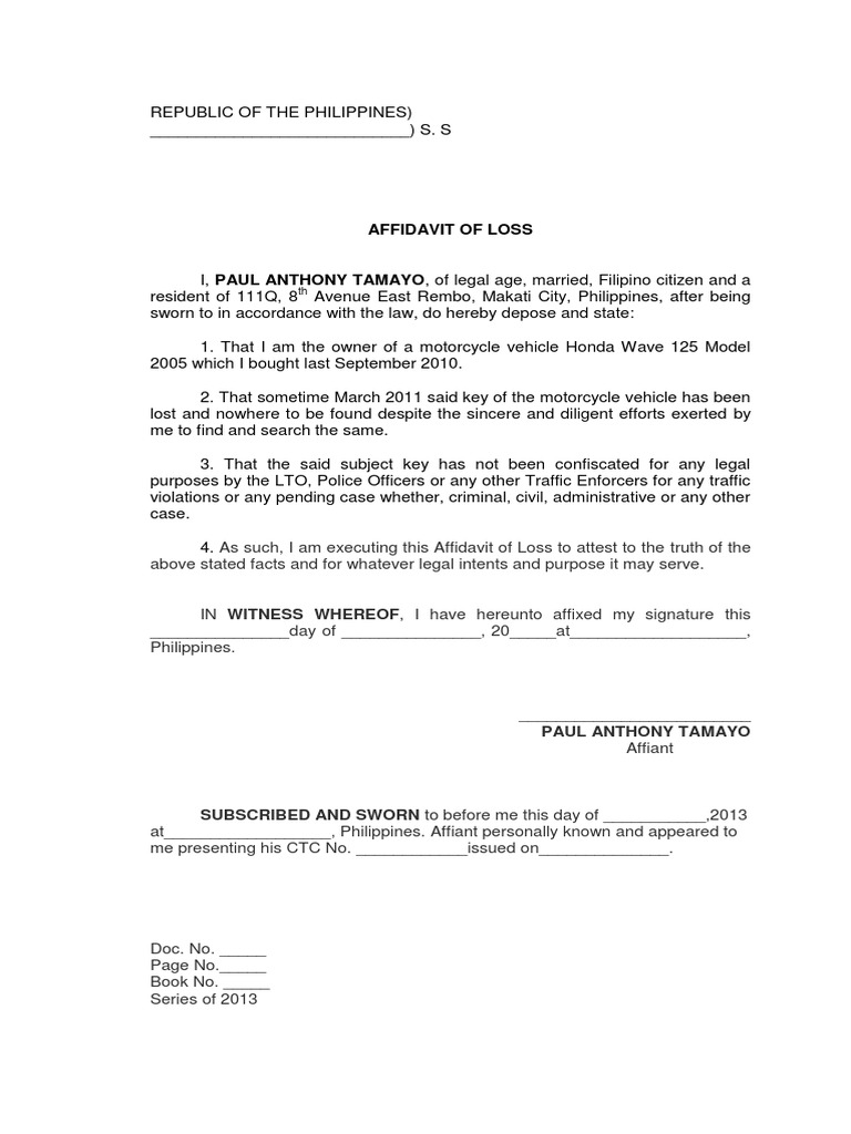 Affidavit of Loss Sample | PDF