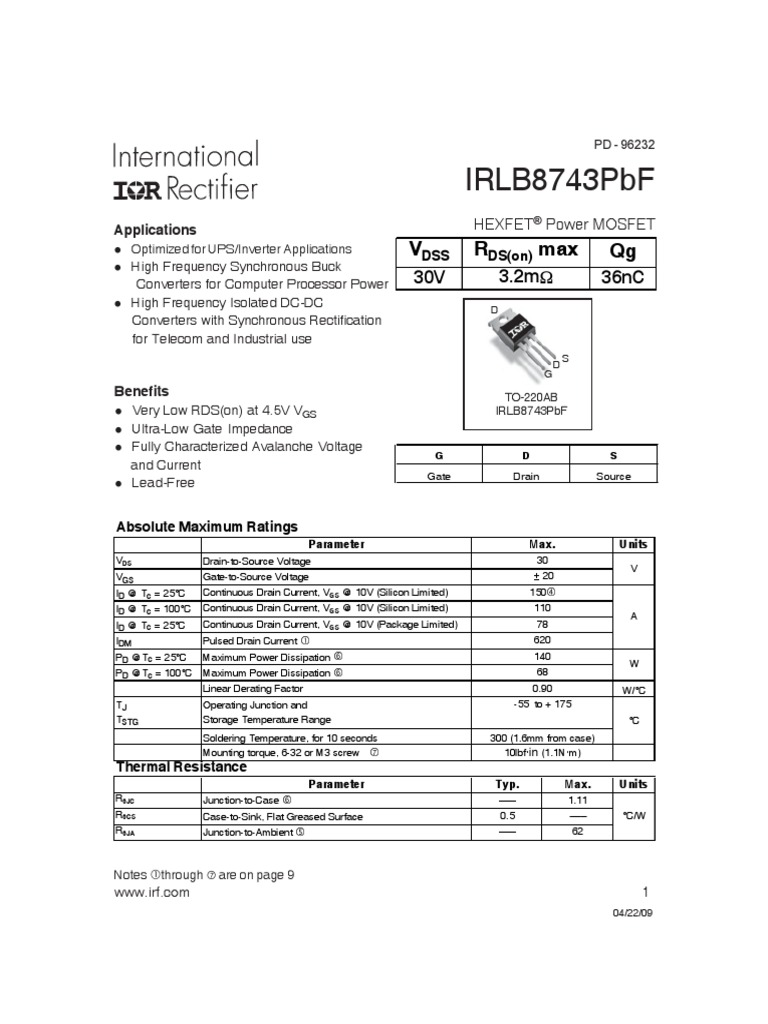 Mosfet Irlb 8743 | PDF | Field Effect Transistor | Diode
