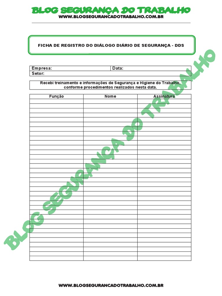 Modelo - Ficha de Registro Do Diálogo Diário de Segurança (DDS) - Blog ...