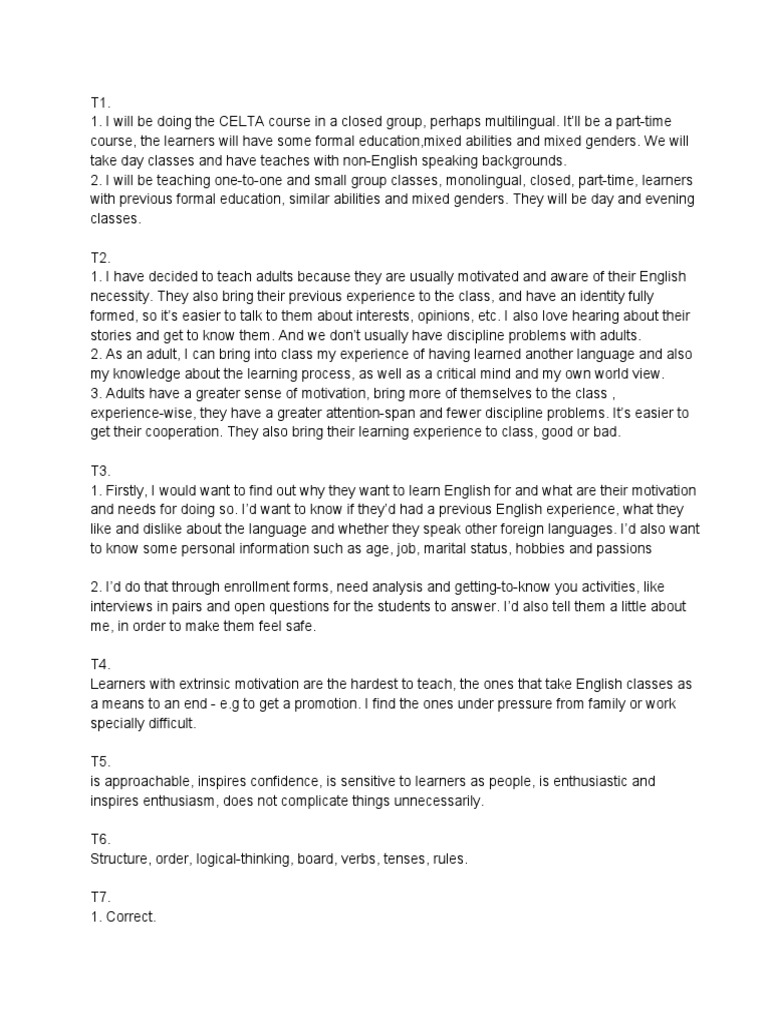 CELTA Pre Task Answers | PDF | Verb | Reading Comprehension