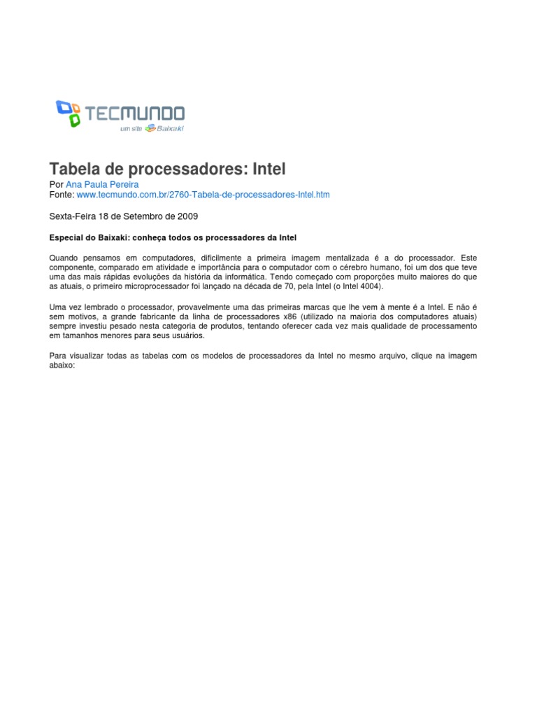 Tabela de Processadores Intel | PDF | Microprocessador | Cache (informática)