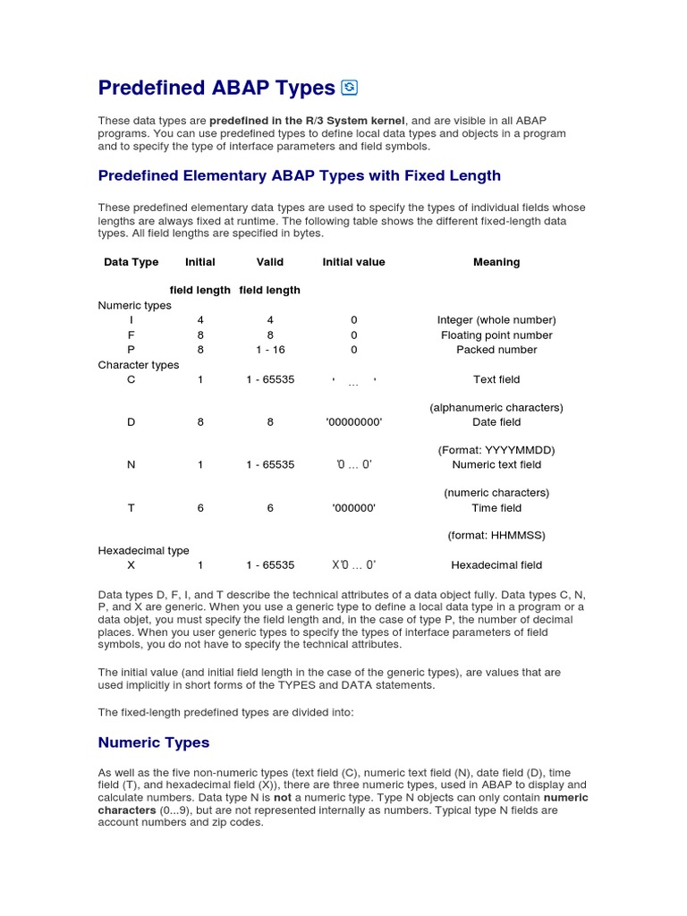 Predefined ABAP Types | PDF | Data Type | String (Computer Science)