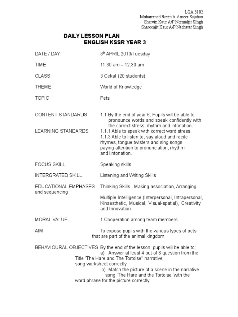 Lga Daily Lesson Plan Year 3 KSSR Draft 3-1 | PDF | Lesson Plan | Classroom
