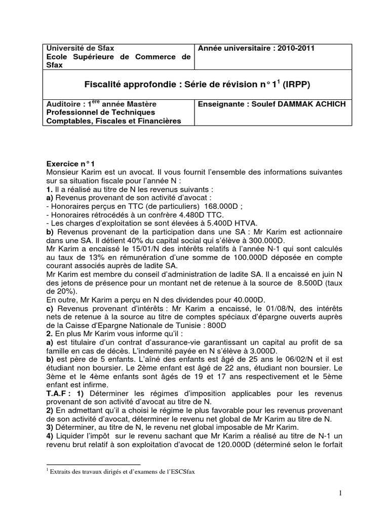 IRPP Tunisie : Cas pratiques et calculs | PDF | Impôt sur le revenu ...