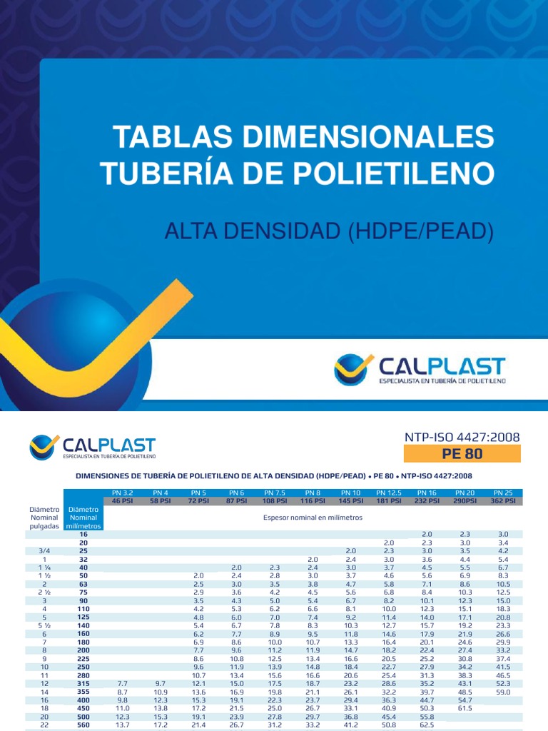 Tablas Dimensionales de Tubería Calplast de Polietileno de Alta ...