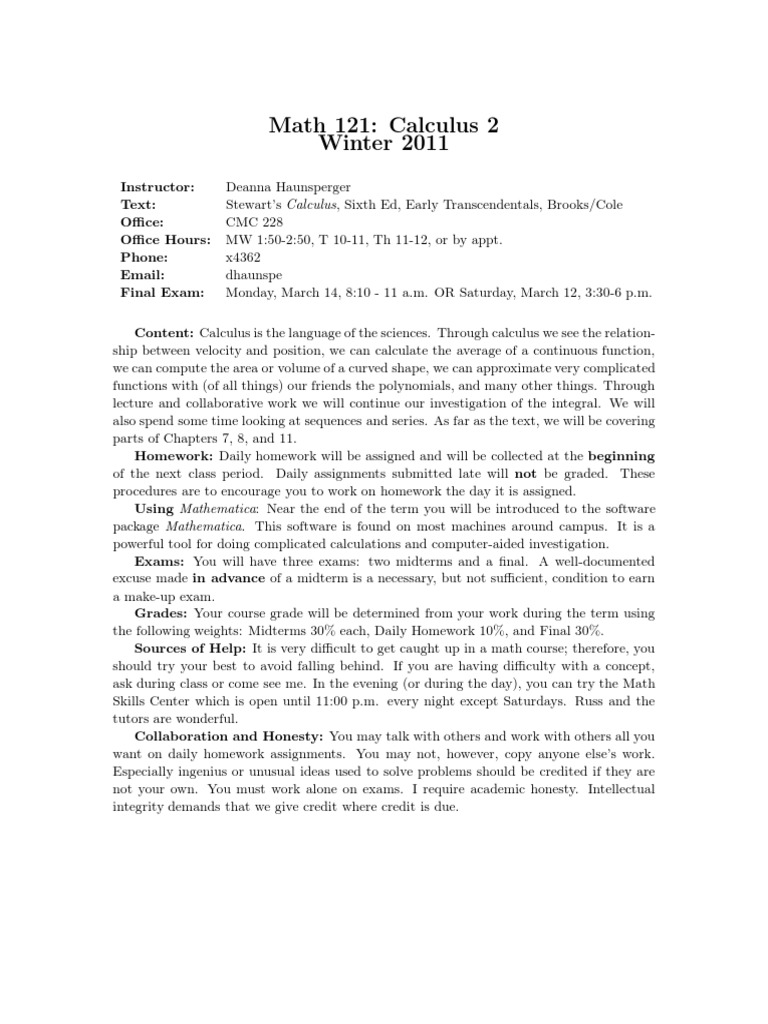 Calculus II Syllabus | PDF | Integral | Calculus
