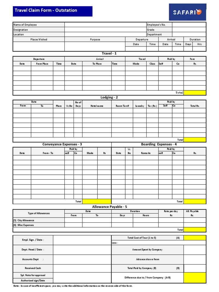 New Outstation Travel Claim Form (Single Page) | PDF