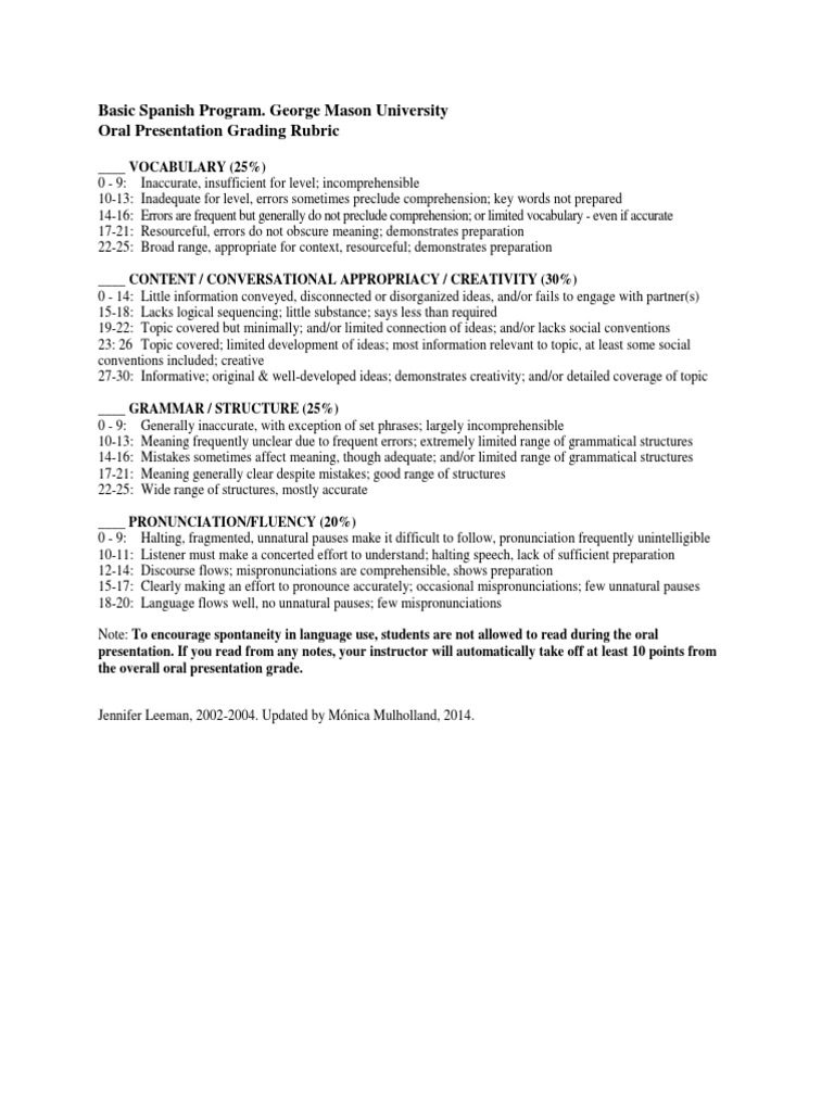 Oral Presentation Rubric - GMU Spanish Basic Program | PDF
