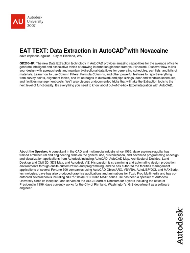 AUGI - Data Extraction in AutoCAD | PDF | Microsoft Excel | Spreadsheet