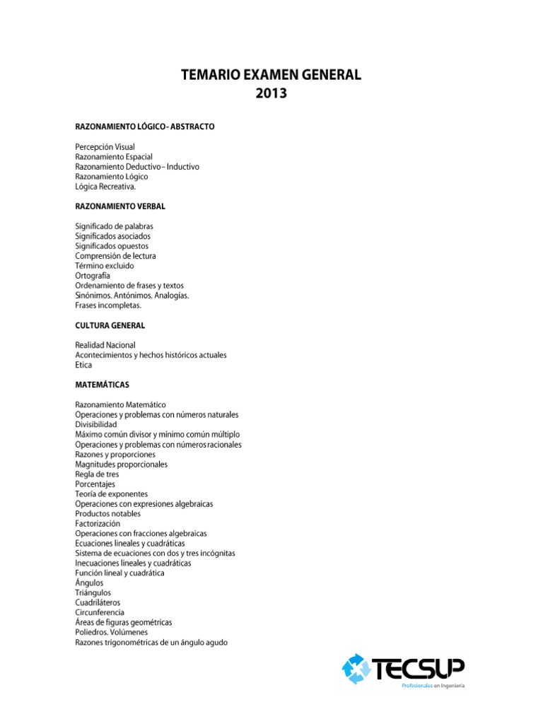 Temario Examen Admision TECSUP | PDF | Artes del Lenguaje y ...