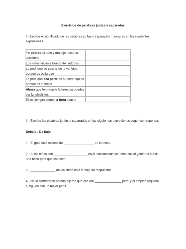 Ejercicios de Palabras Juntas y Separadas | PDF
