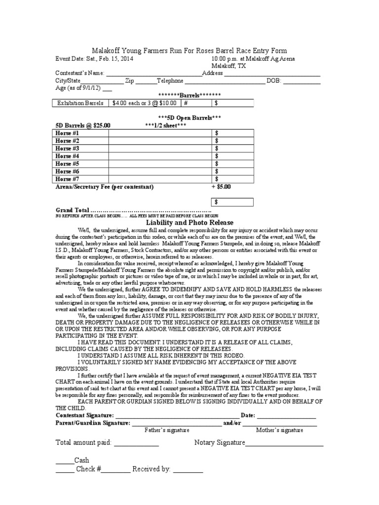 Barrel Race Entry Form | PDF | Private Law | Justice