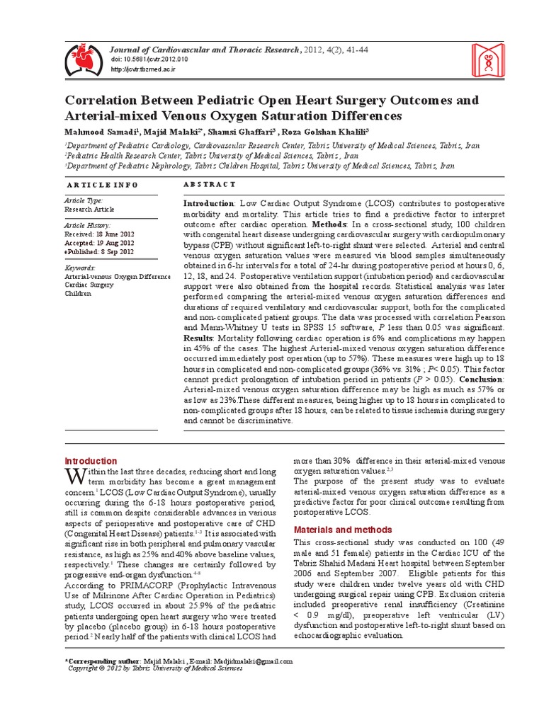 Correlation Between Pediatric Open Heart Surgery Outcomes and Arterial ...