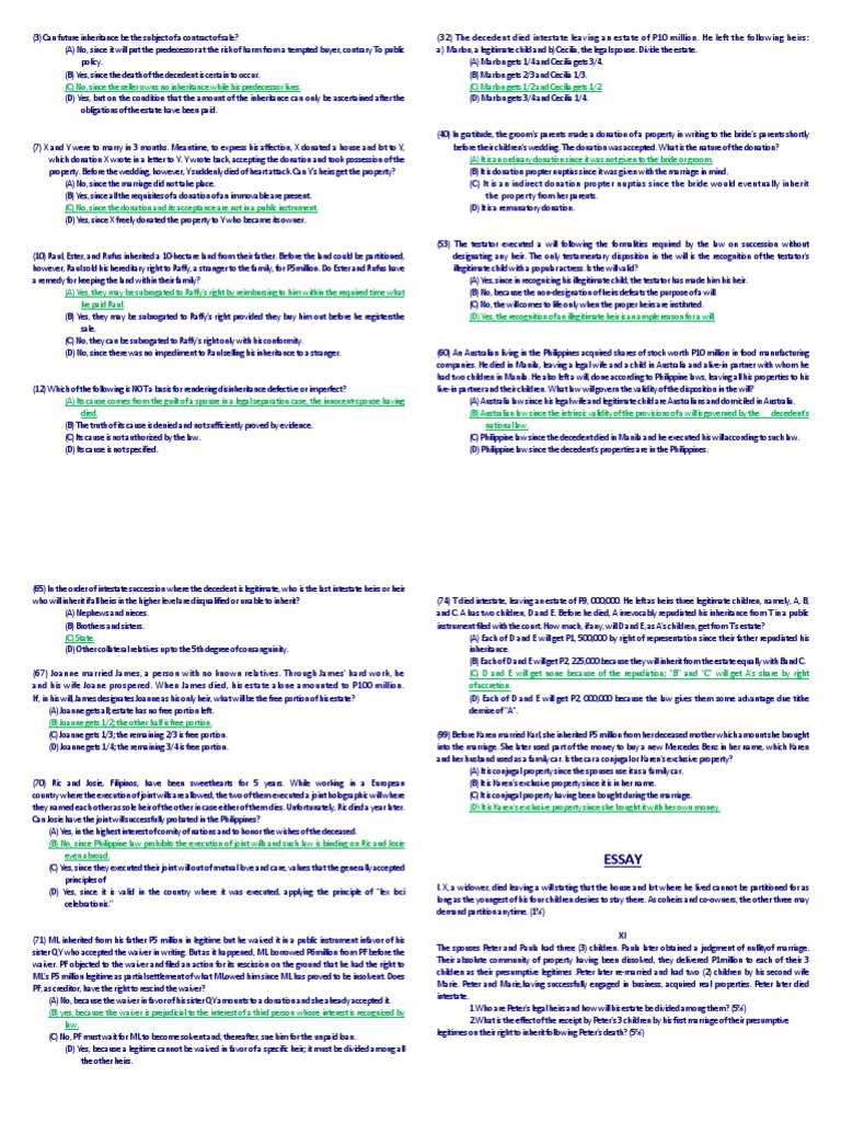 Succession Bar Questions | PDF | Will And Testament | Intestacy
