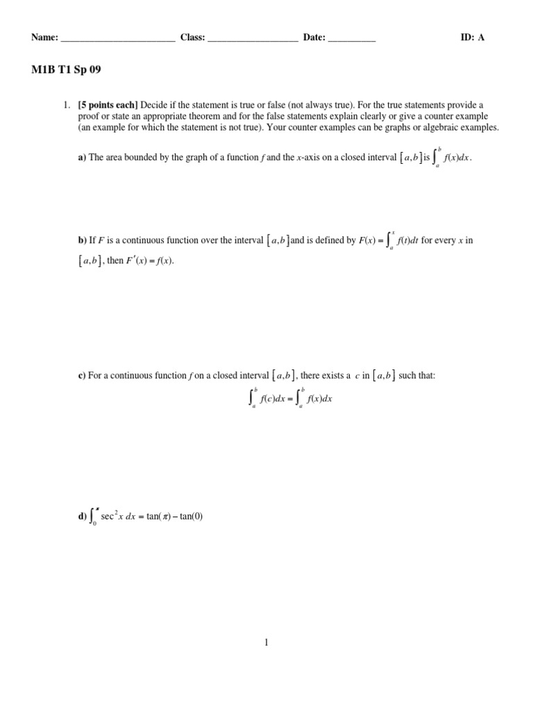 Name: Class: Date | PDF | Integral | Space