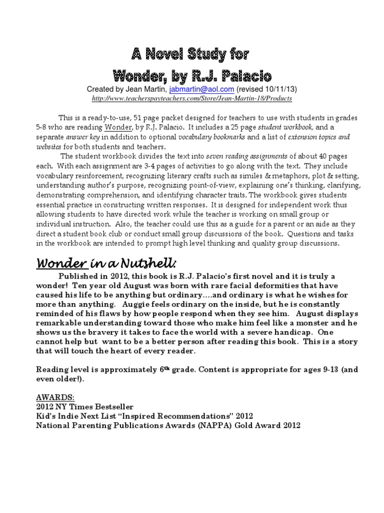 A Novel Study For Wonder by RJ Palacio Created by Jean Martin | PDF ...