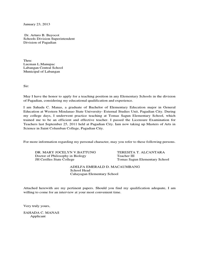 Application Letter | PDF | Teachers | Qualifications