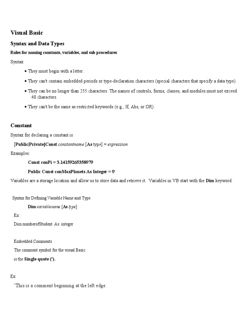 Visual Basic: Syntax and Data Types | PDF | Computers