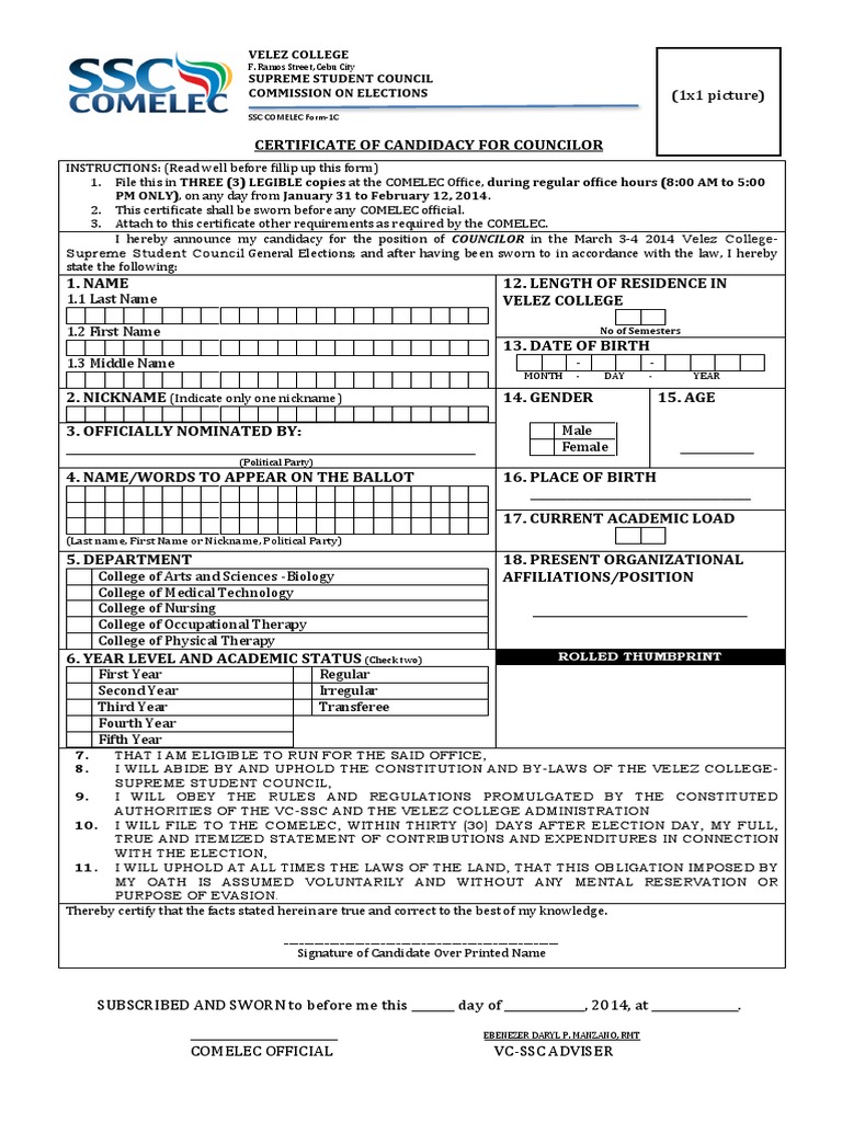 Certificate of Candidacy for Councilor | Legal Documents | Government ...
