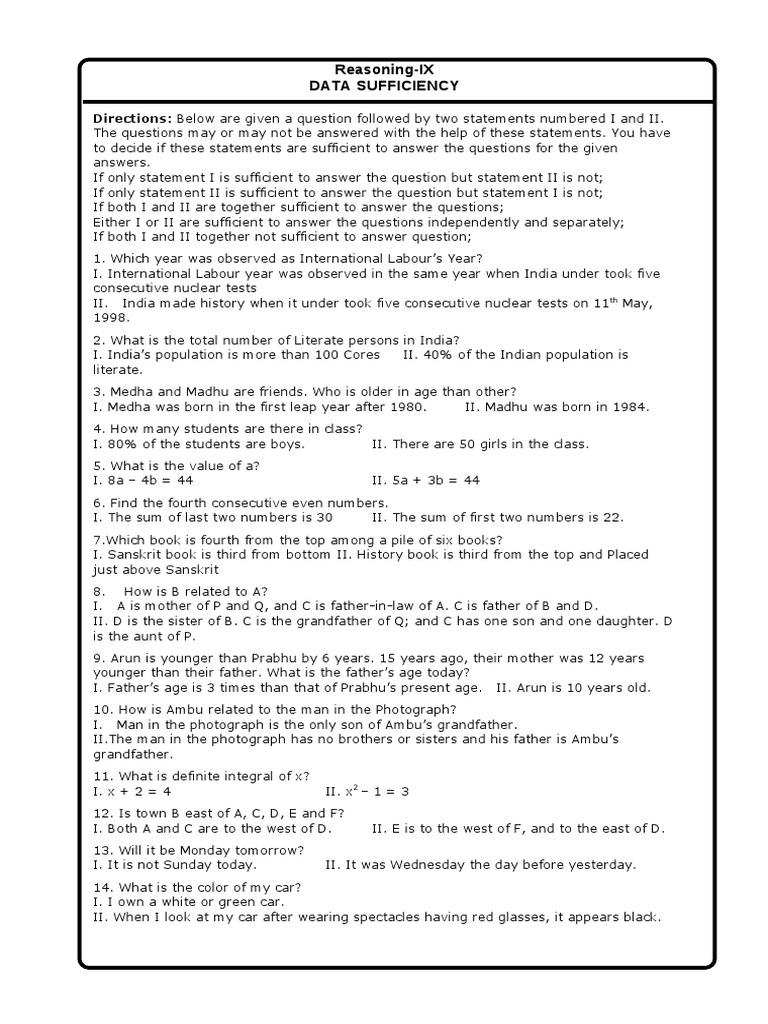 Reasoning-IX Data Sufficiency: Directions: Below Are Given A Question ...