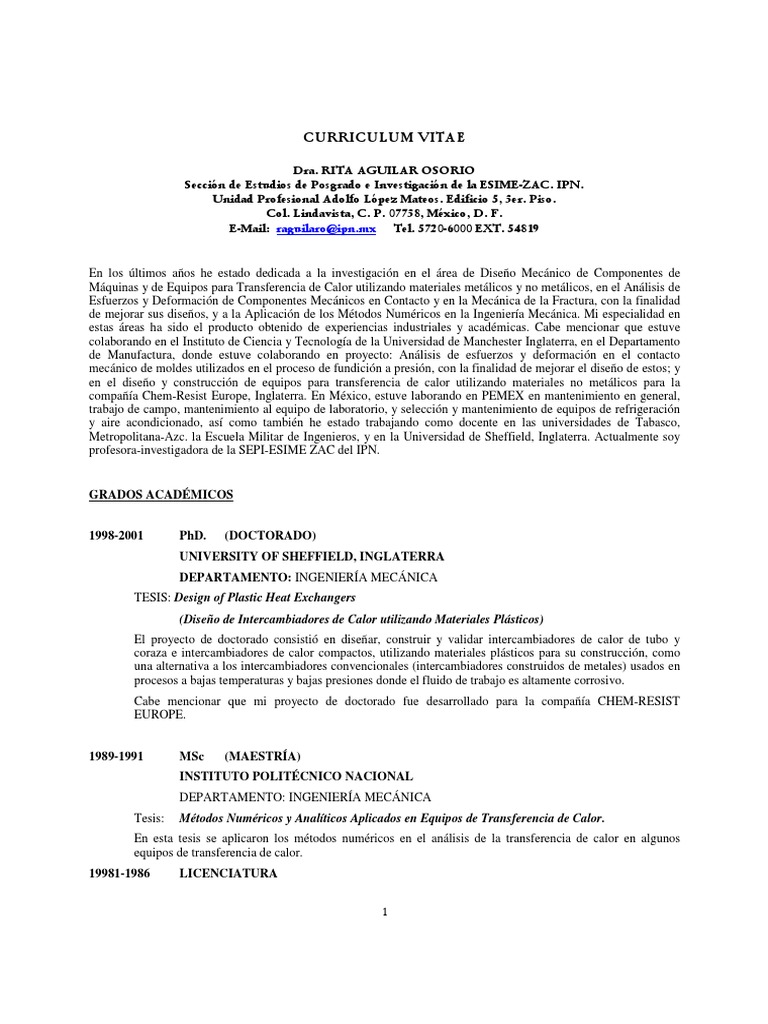 CV Rita Aguilar | PDF | Ingeniería mecánica | Ingeniería