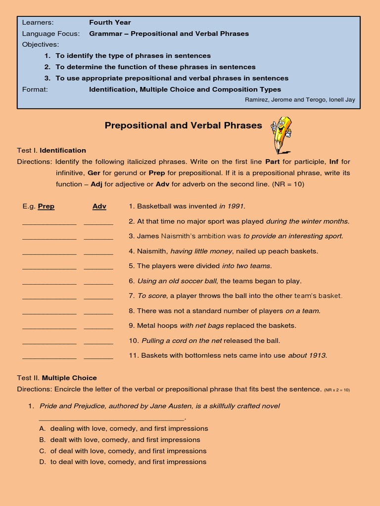 Prepositional and Verbal Phrases Worksheet | PDF | Semiotics | Syntax
