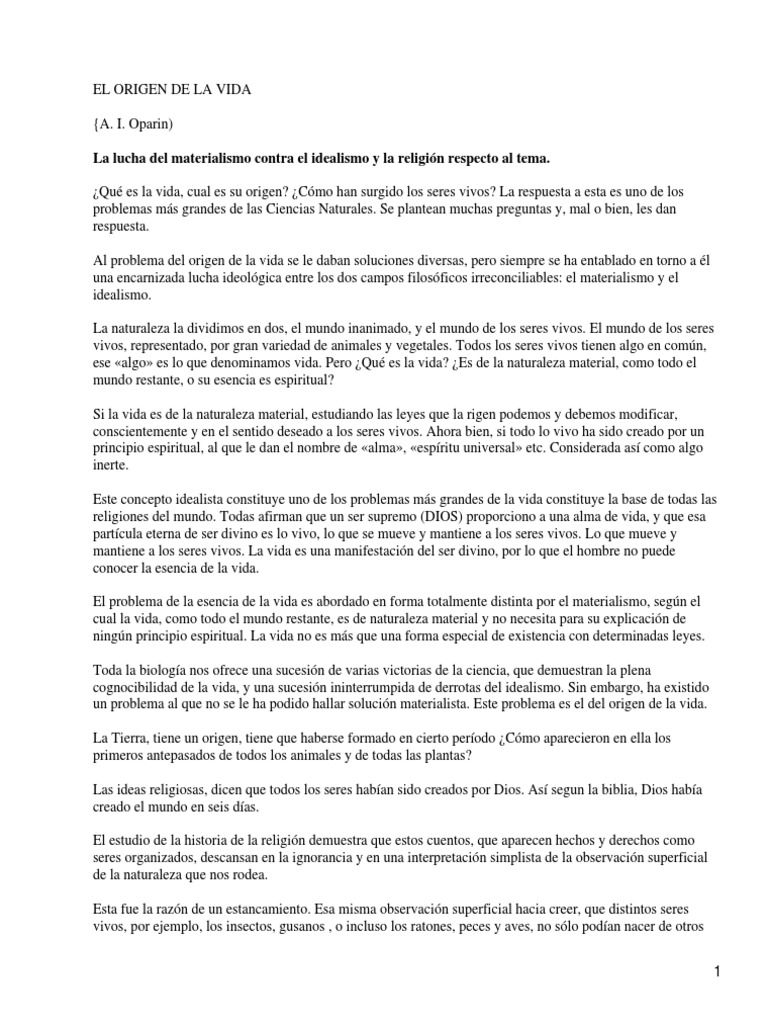 Alexander Ivanovich Oparin - El Origen de La Vida | PDF | Vida | Proteínas