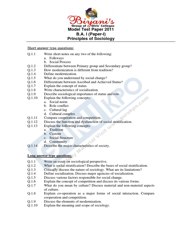 Sociology Model Test Paper 2011 | PDF