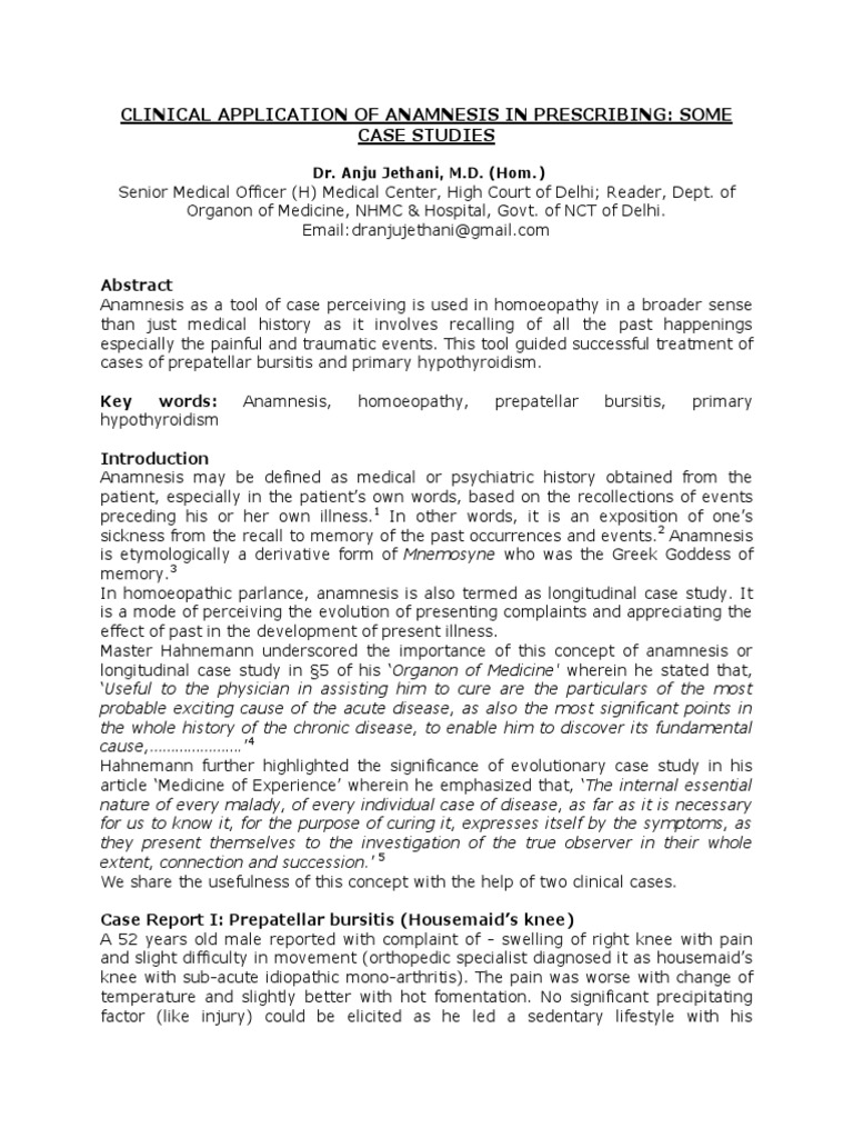 CLINICAL APPLICATION OF ANAMNESIS IN PRESCRIBING: SOME CASE STUDIES ...